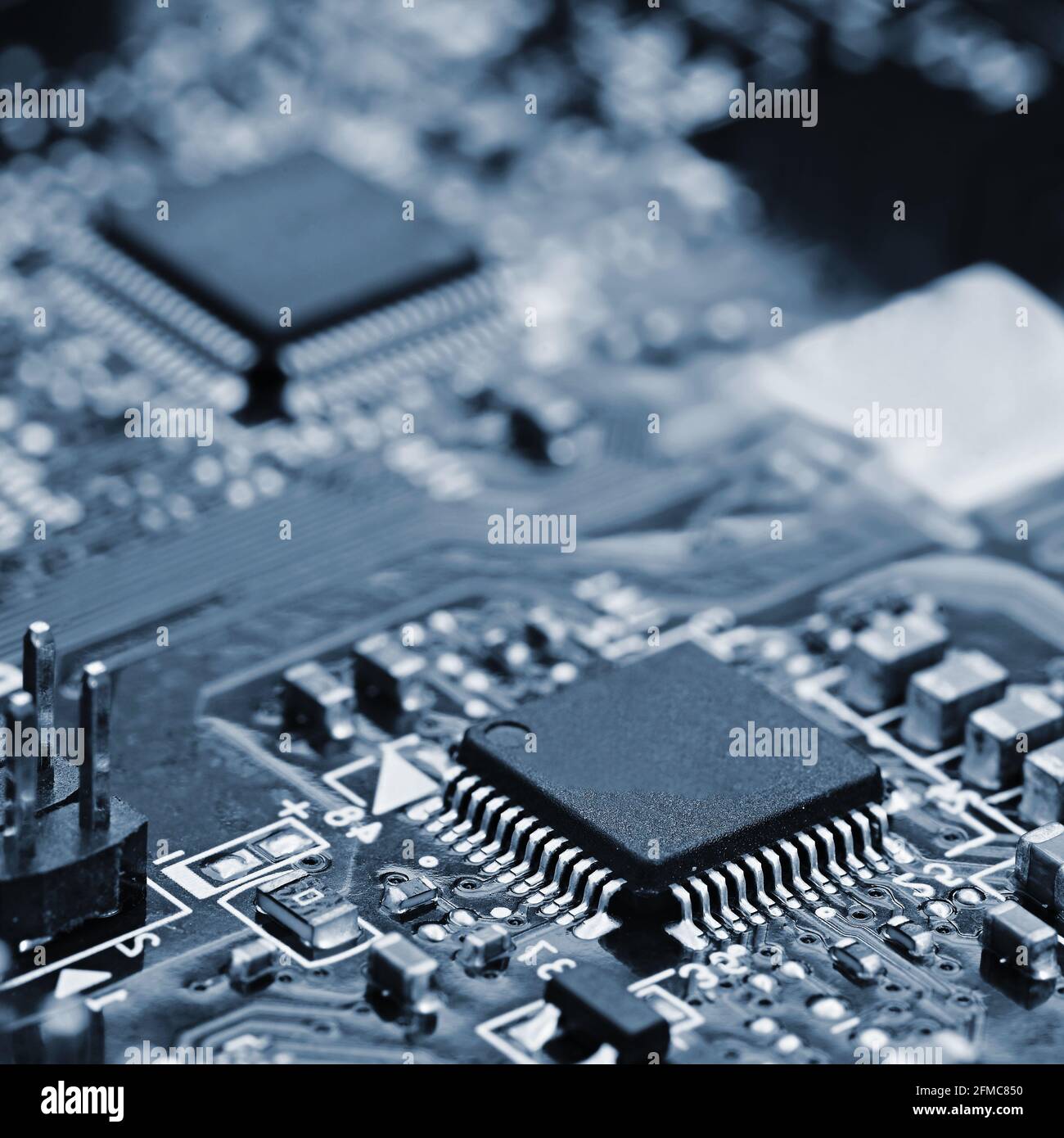 Components on board. PCB to PC. Chip, capacitor and connectors on the ...