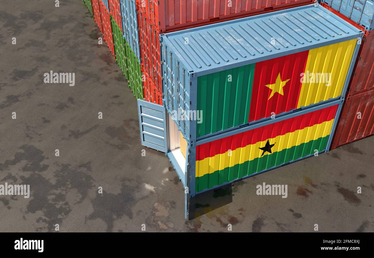Freight containers with Cameroon and Ghana flags. 3D Rendering Stock ...