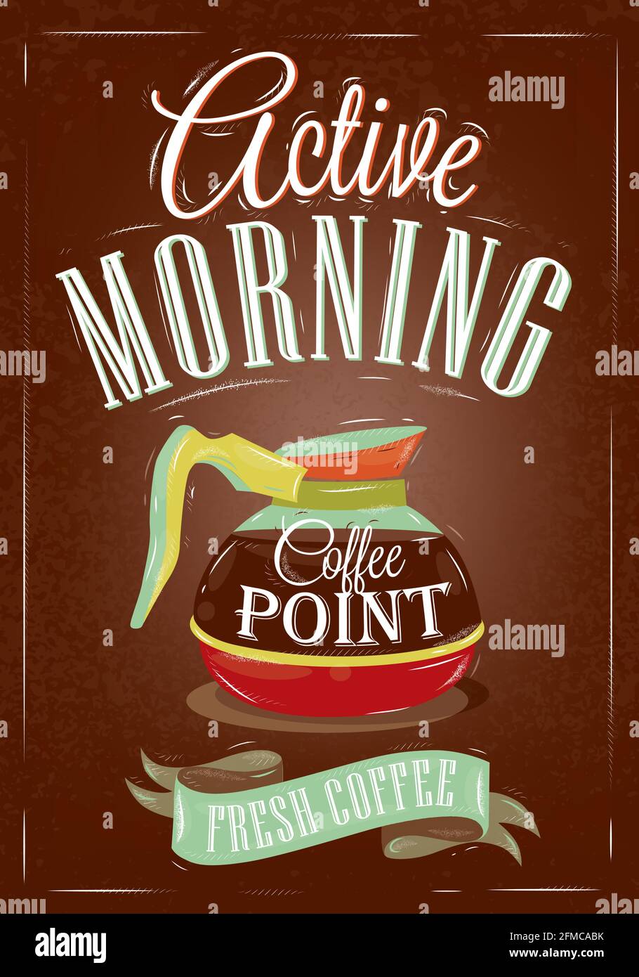 Retro poster in vintage style with drawing coffee pot with coffee and ...