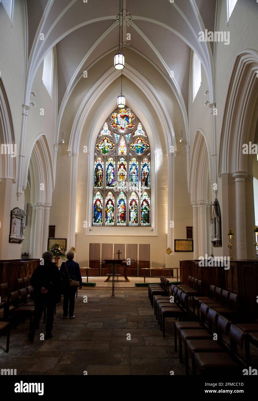Downpatrick Cathedral, Northern Ireland, interior showing stained glass ...