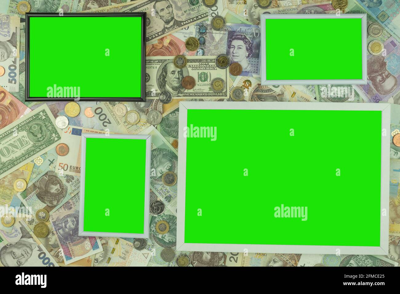 Banknotes and coins of different denominations on the table. Wish board ...