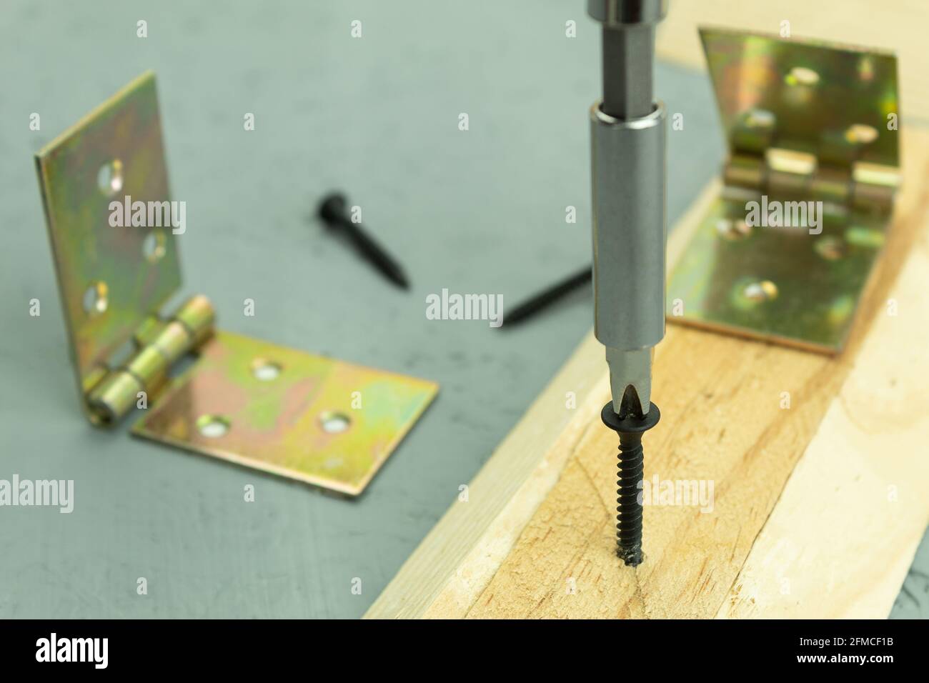 The self-tapping screw is screwed into the board. Screwing a self ...