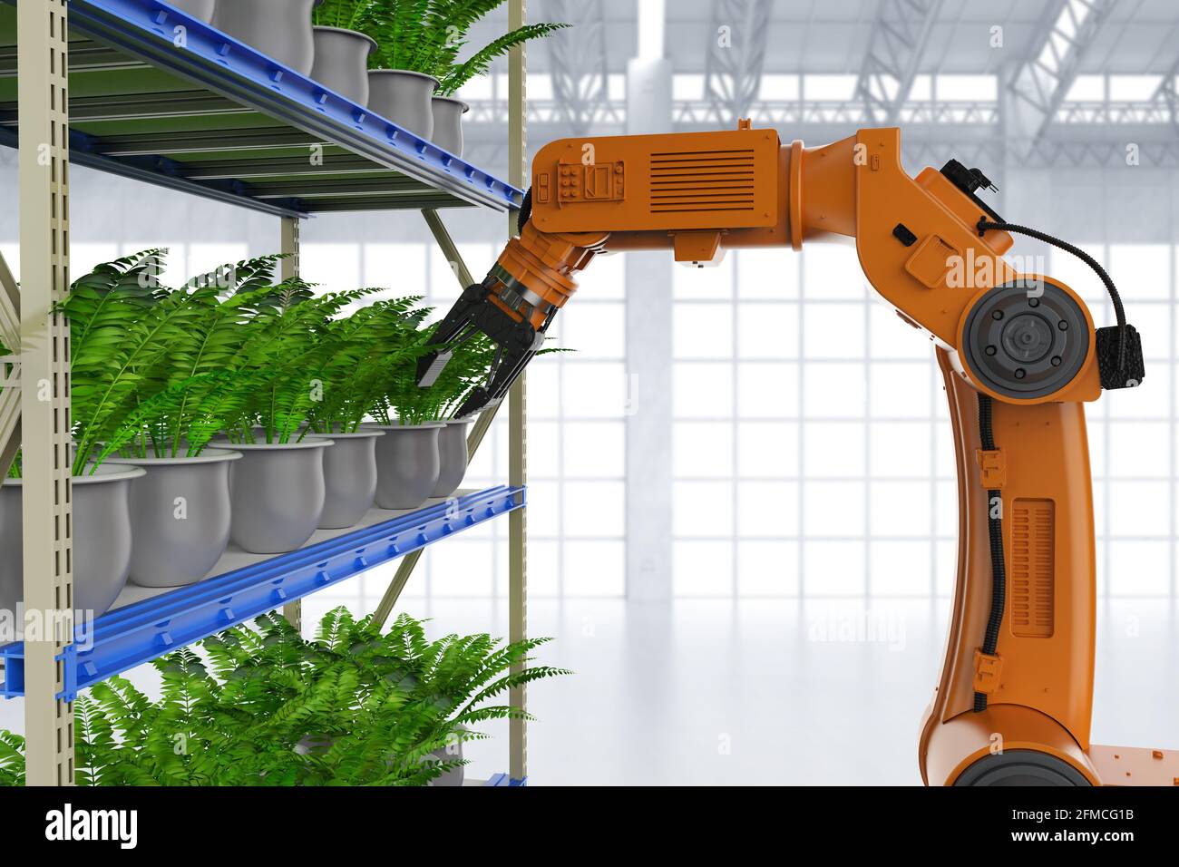 Agriculture technology concept with 3d rendering robotic arm in ...
