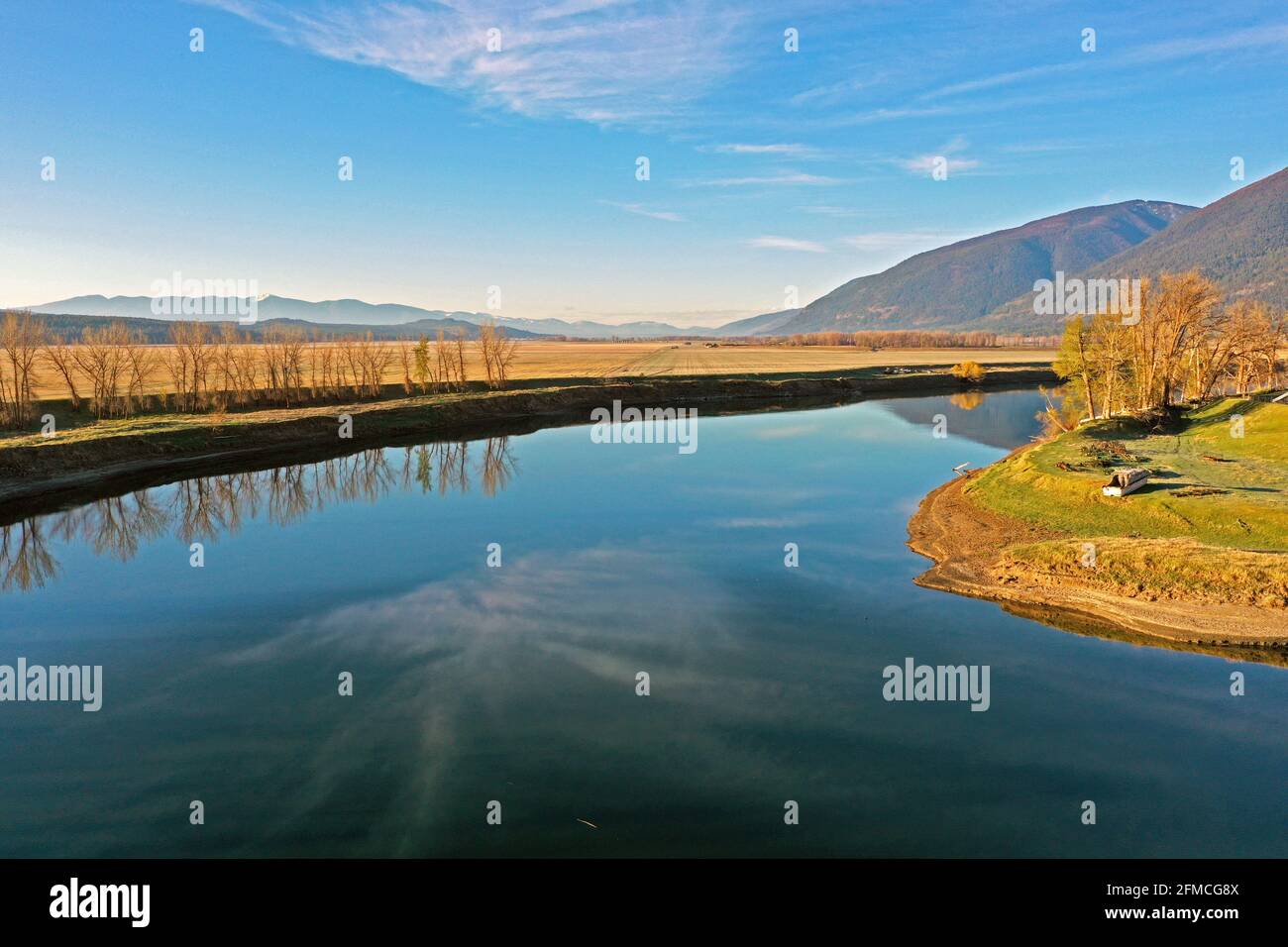 Kootenai River and agriculture fields near Copeland in spring. Boundary ...