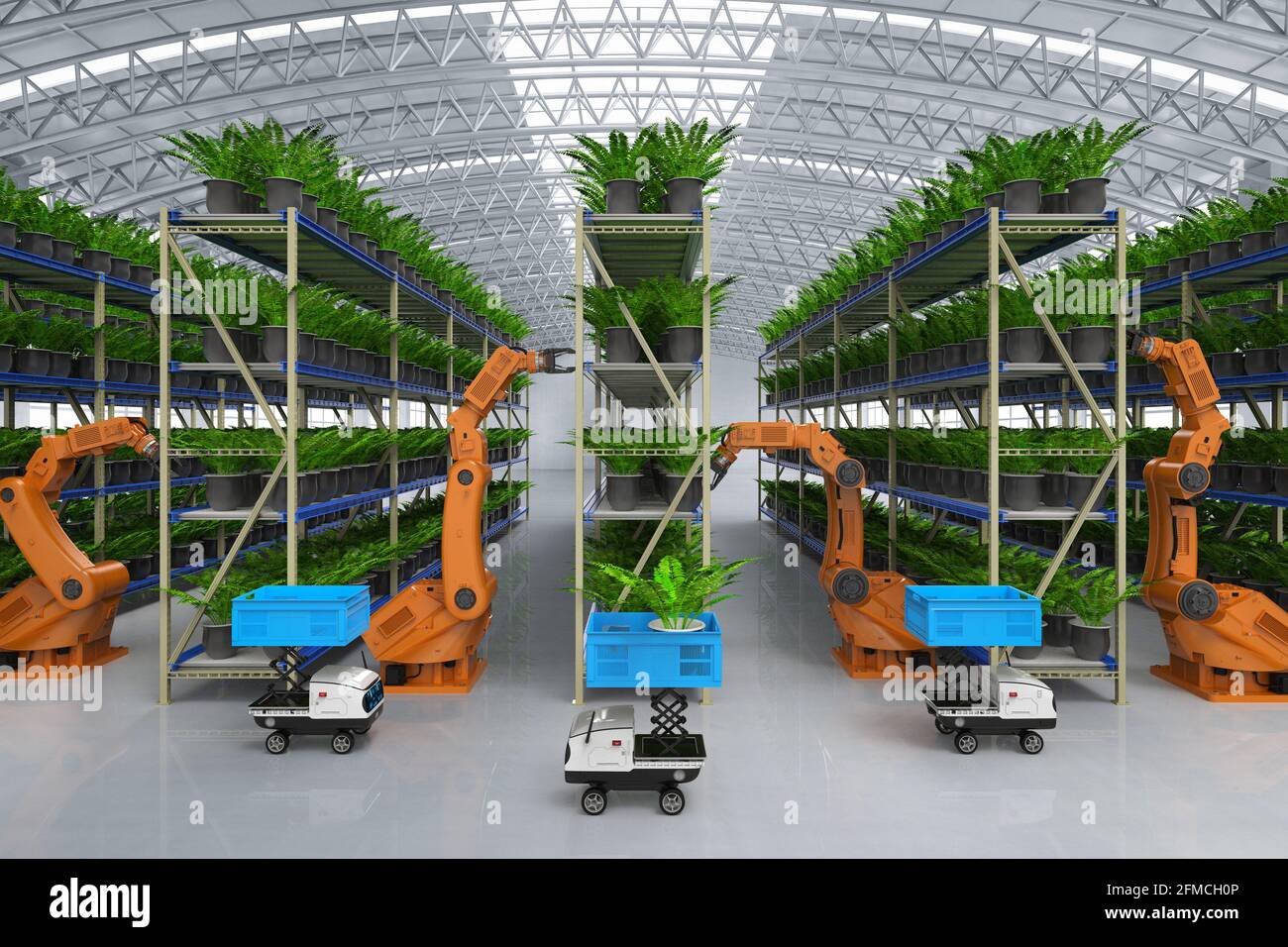 Agriculture technology concept with 3d rendering robotic arm in ...