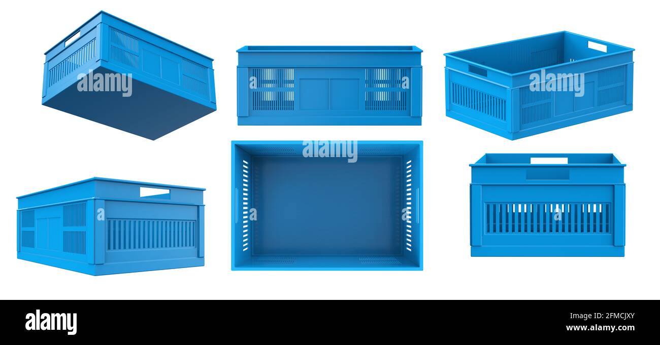 3d rendering set of blue plastic crates isolated on white background ...