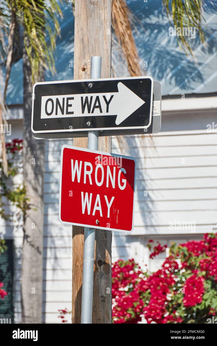Confusing street signs one way and wrong way different directions Stock ...