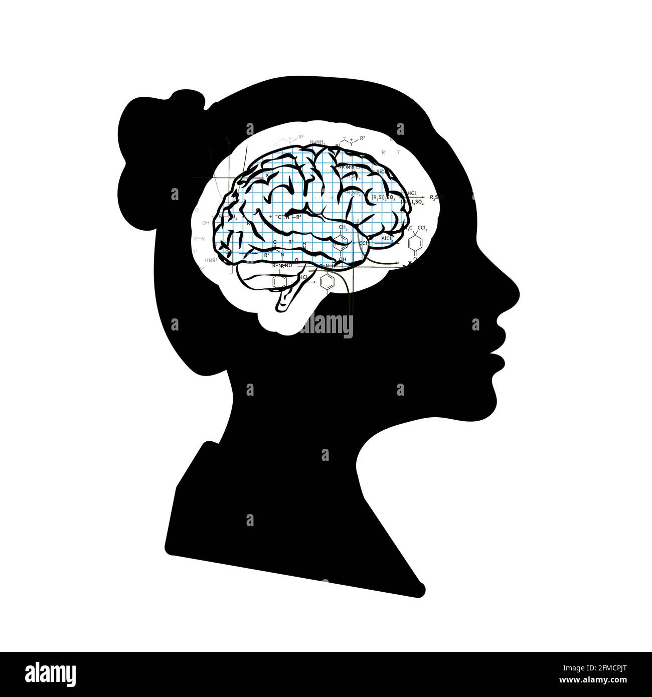 Black detailed woman face profile with math technical brain on white ...