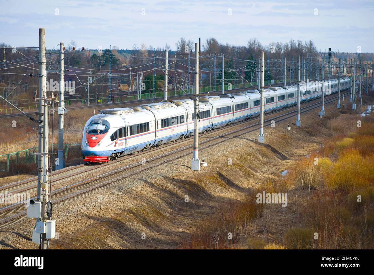 LENINGRAD REGION, RUSSIA - APRIL 10, 2018: Twin high-speed train EVS1 ...