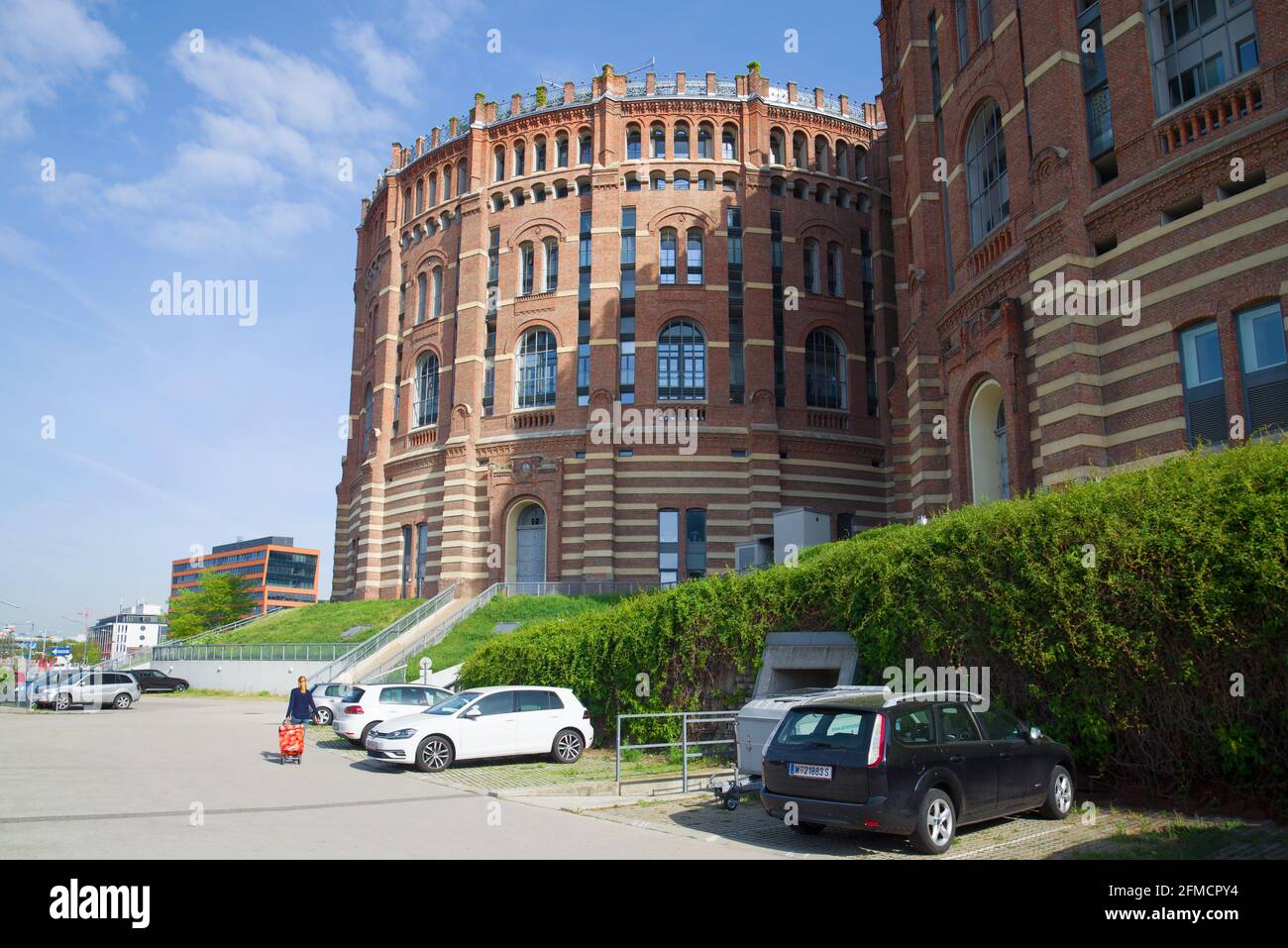 VIENNA, AUSTRIA - APRIL 27, 2018: Buildings of the Vienna Gasometers in ...