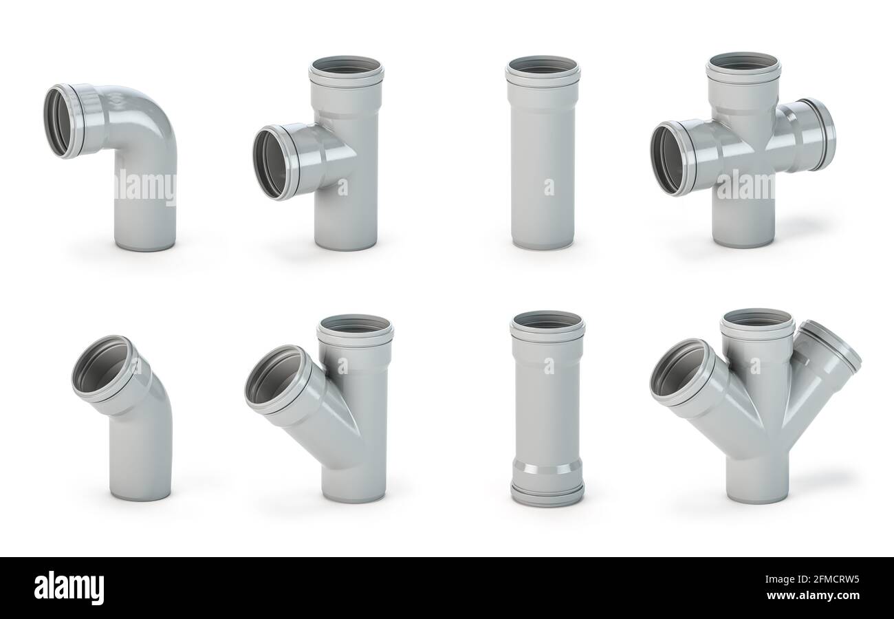 Various PVC plastic pipes and tubes fittings isolated on white. 3d ...