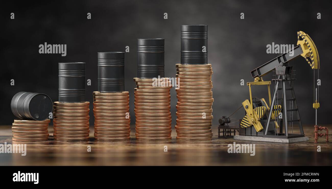Oil barrels on stack of golden coins and oil pump jack. Growth rise of ...