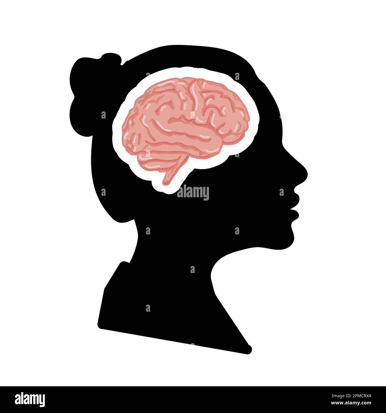 Black detailed woman face profile with pink realistic brain on white ...