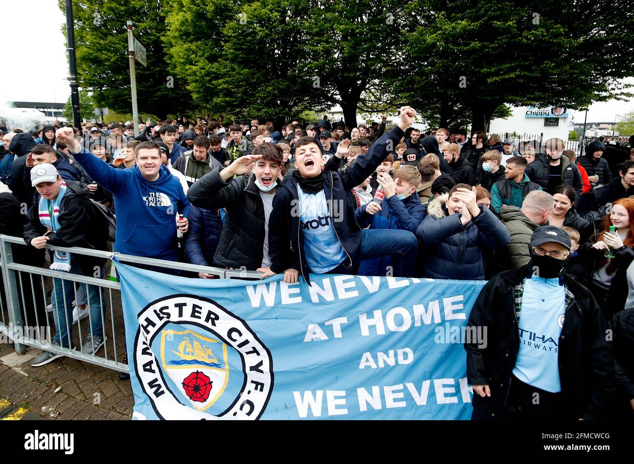 Manchester City fans celebrate outside the ground prior to the Premier ...