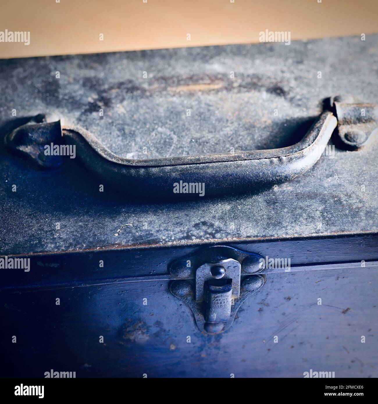 Old tin box showing metal clasp and handle on lid Stock Photo - Alamy