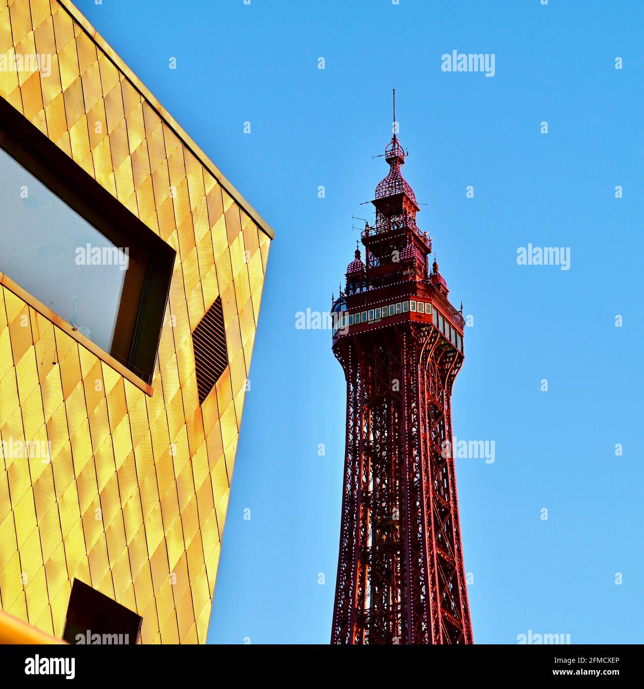 Blackpool Tower and the gold coloured Festival House wedding chapel ...