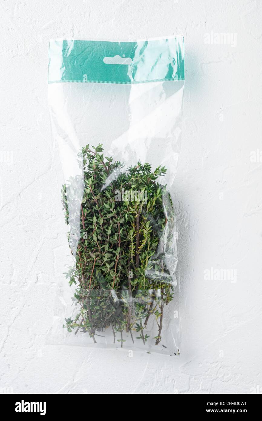 Thyme in plastic bag set, on white background, top view flat lay Stock ...