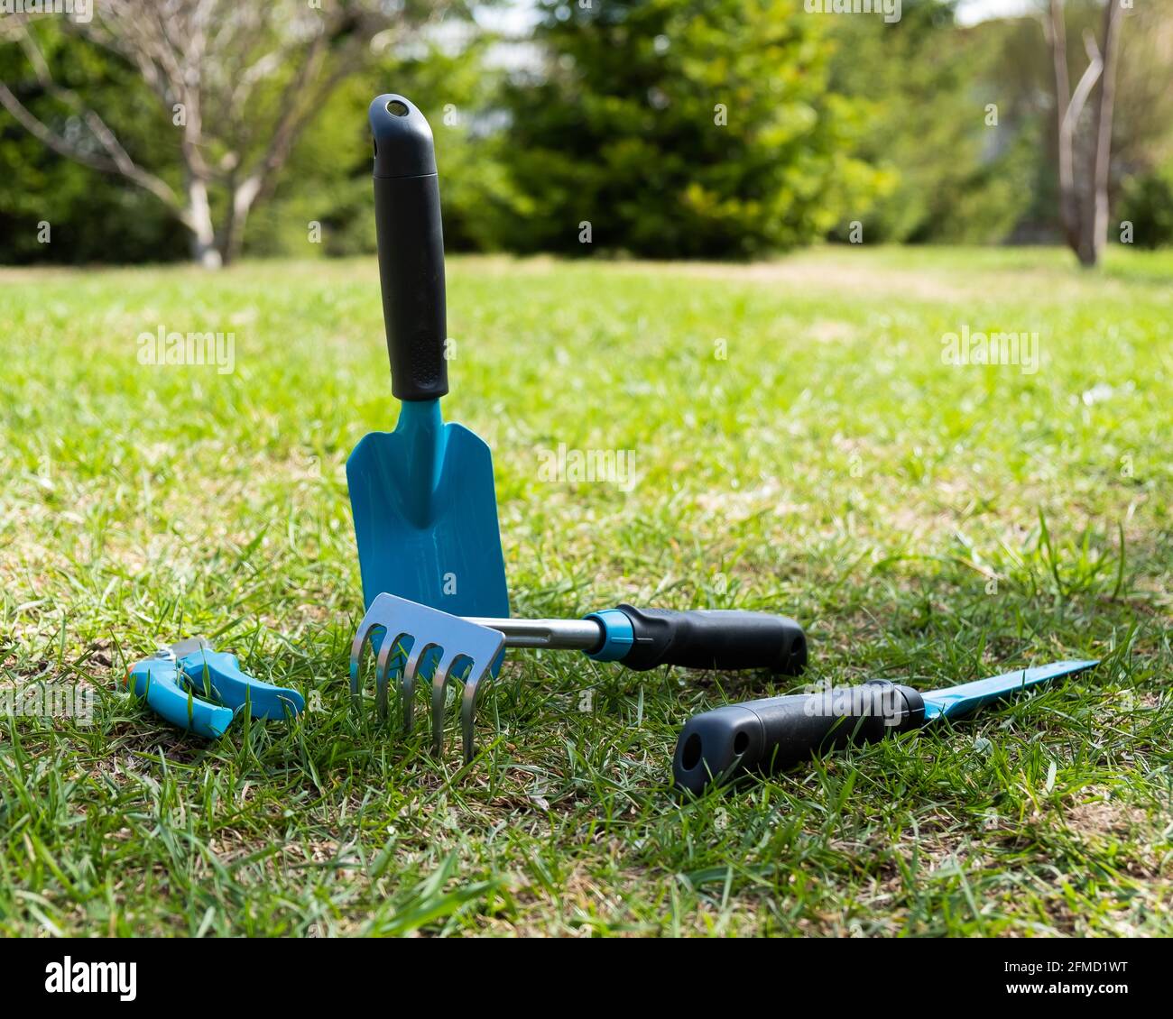 Gardening tools on the lawn Stock Photo - Alamy