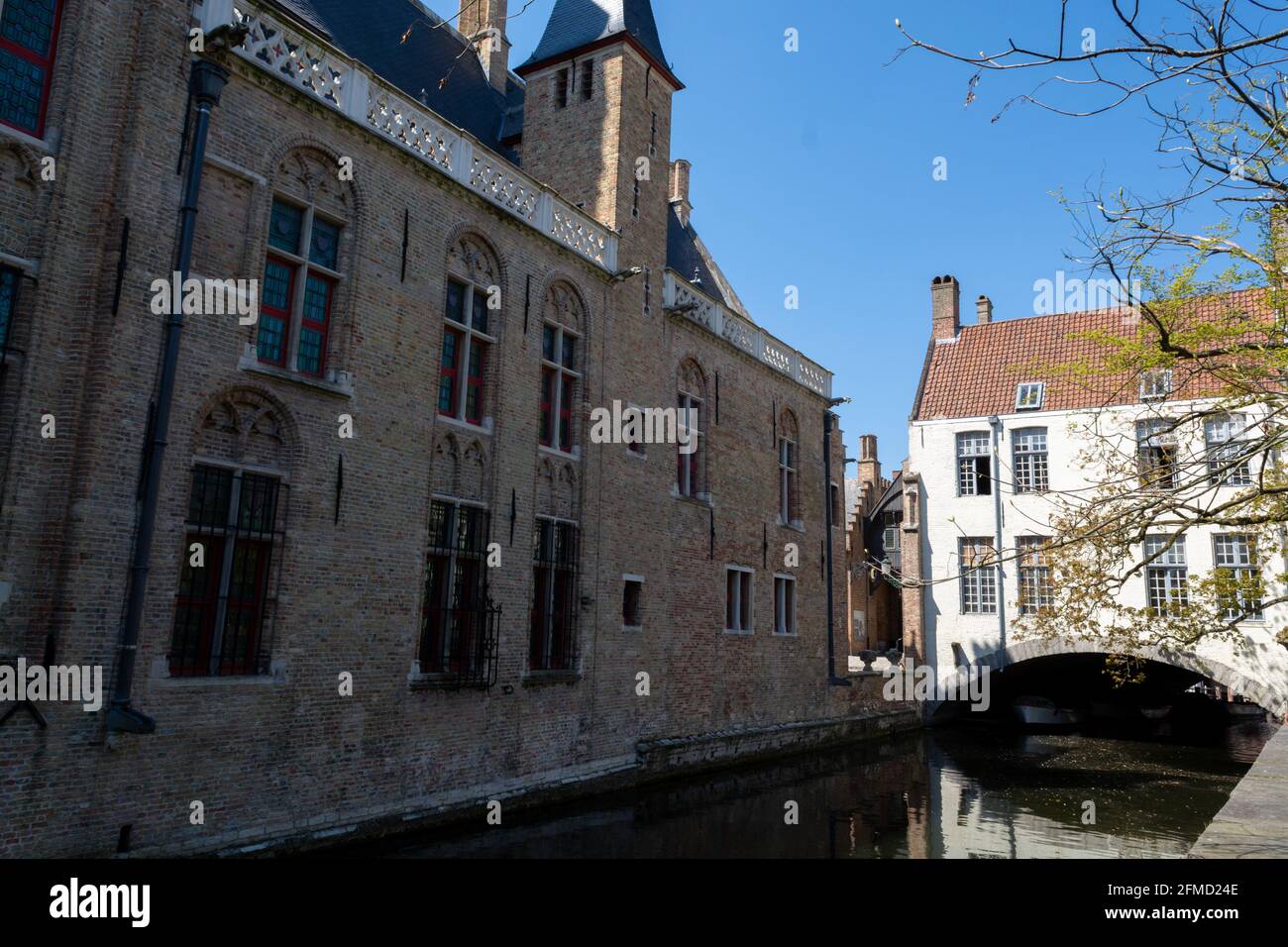 27 April 2021, Bruges, Belgium, walking on medieval Bruges streets in ...