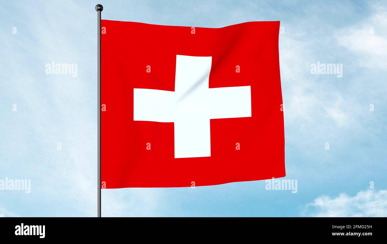 3D Illustration of The flag of Switzerland displays a white cross in ...