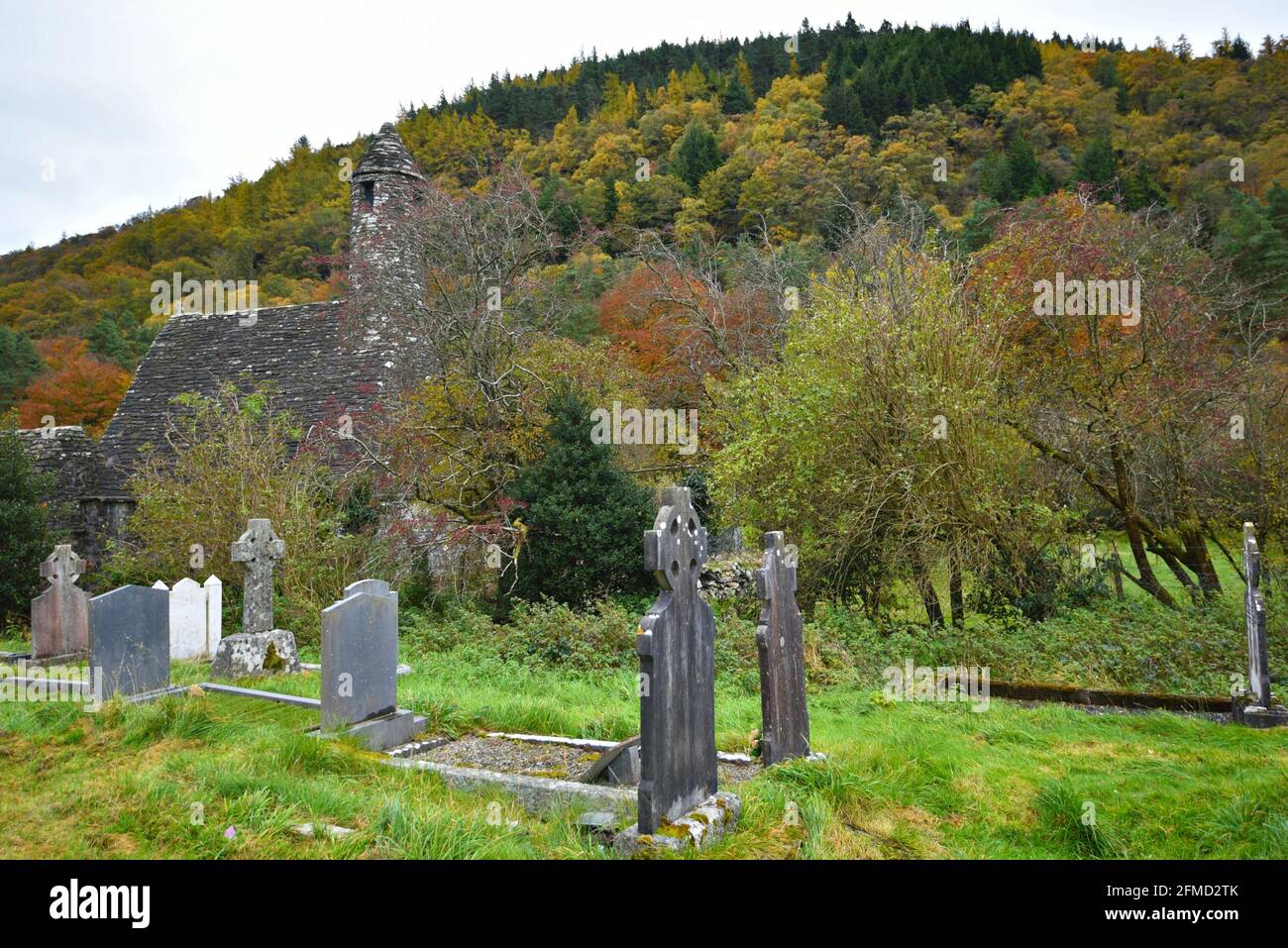 Autumn landscape with granite High Crosses at St Kevin's Celtic ...