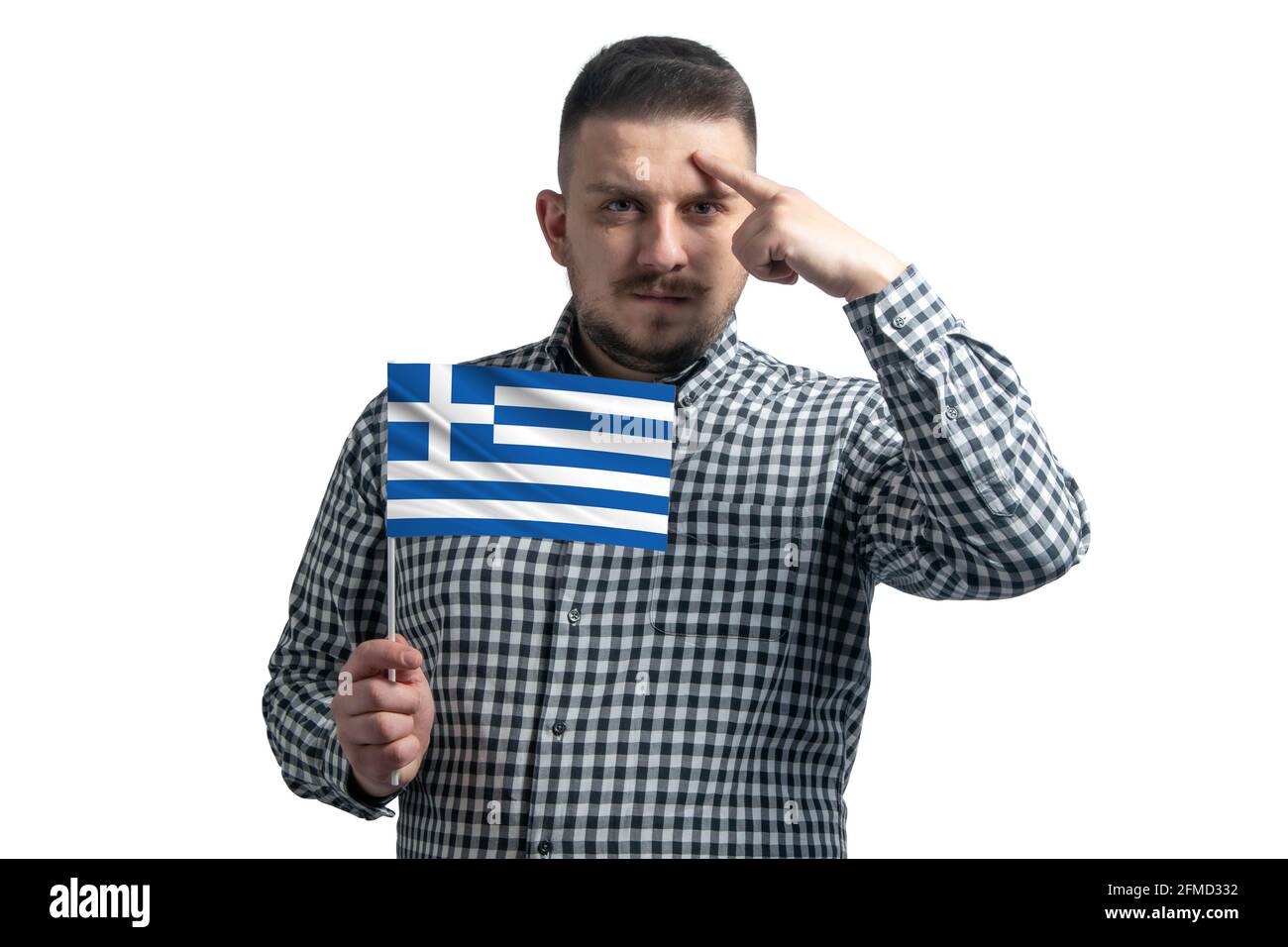 White guy holding a flag of Greece and a finger touches the temple on ...