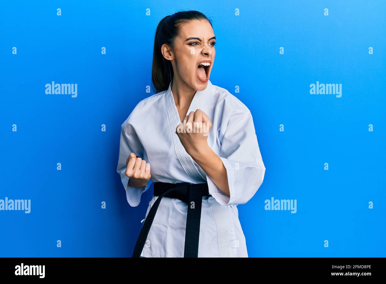 Beautiful brunette young woman wearing karate fighter uniform with ...
