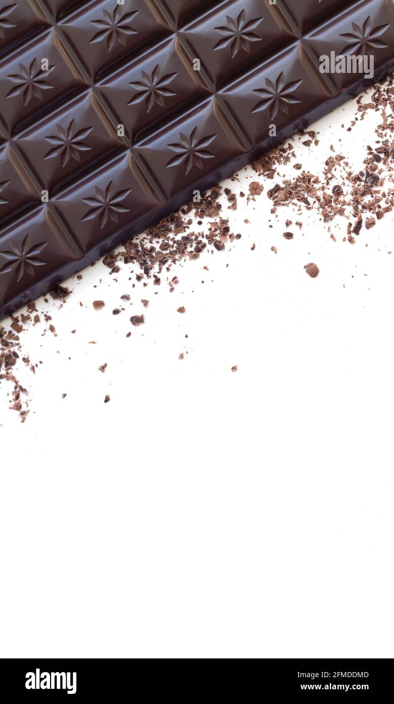 Dark chocolate bar with shavings top view isolated on white background ...