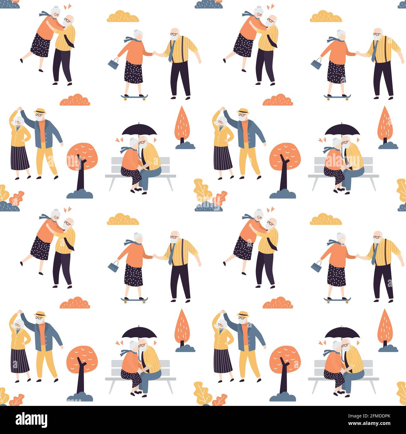 Seamless pattern with cute elderly couples. Old people spending time ...