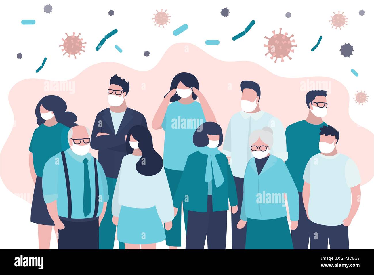 Crowd masked people. Human characters put on face protective masks ...