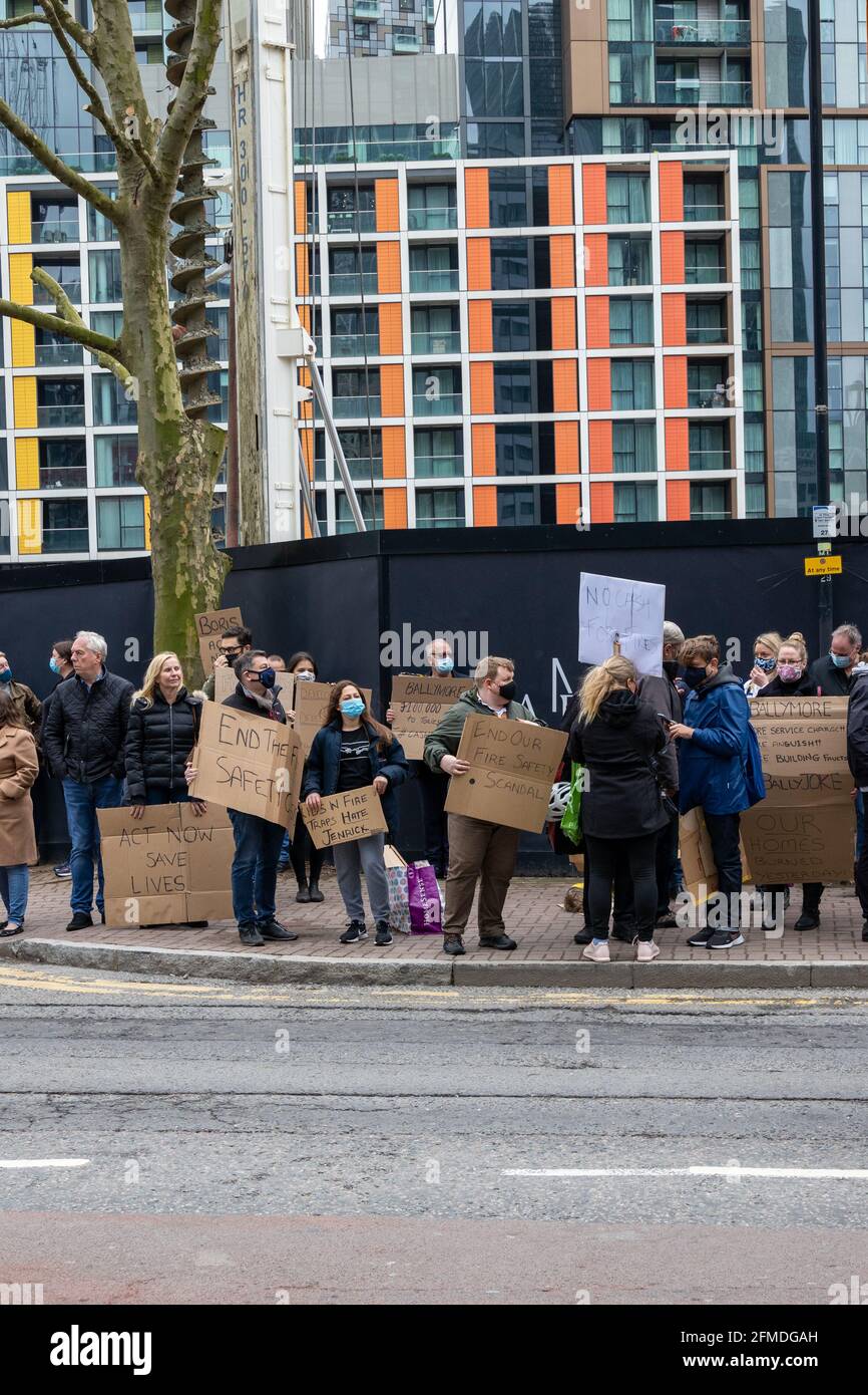 Protest in Docklands, London after a fire in a Ballymore property still ...