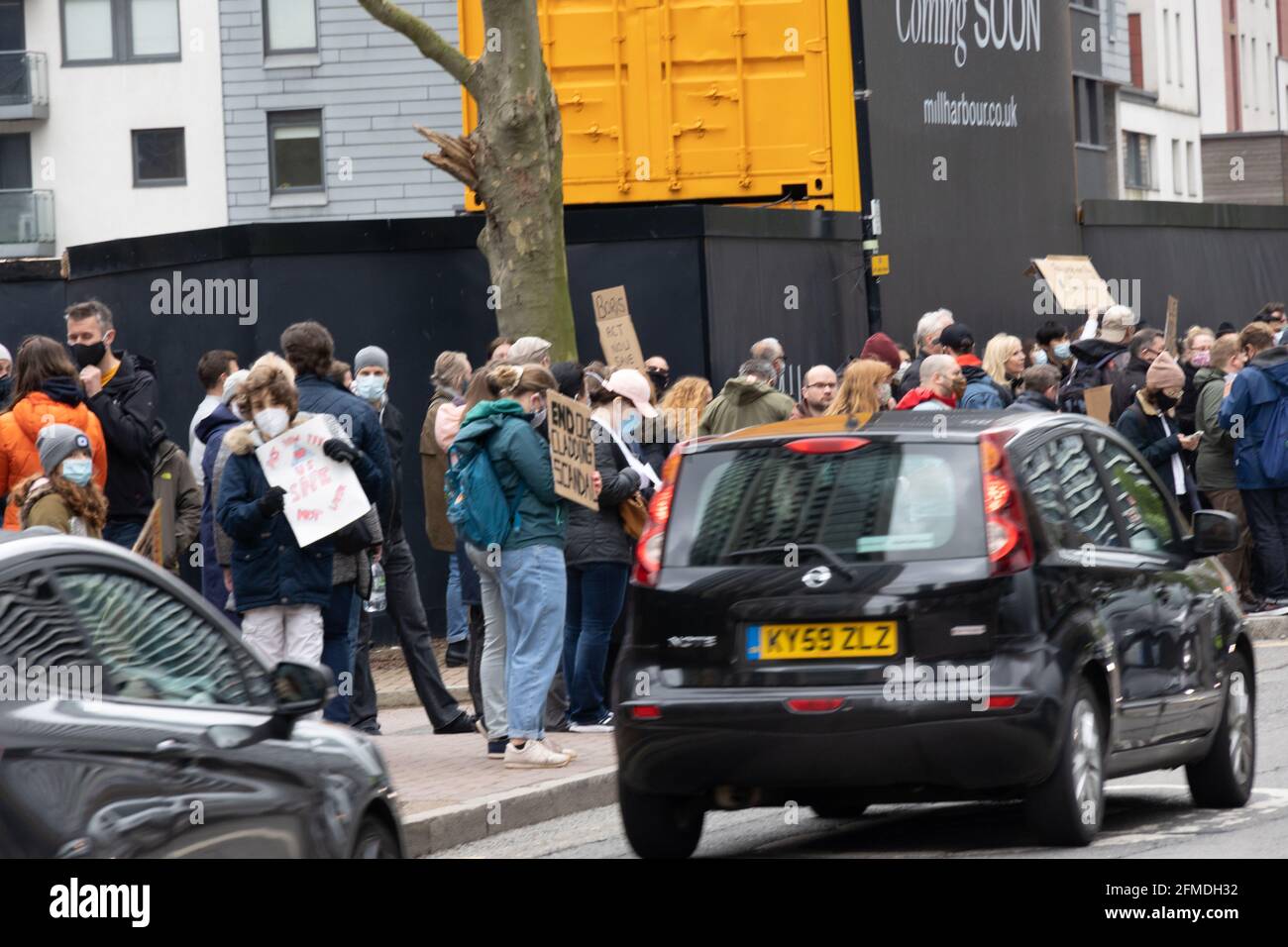 Protest in Docklands, London after a fire in a Ballymore property still ...