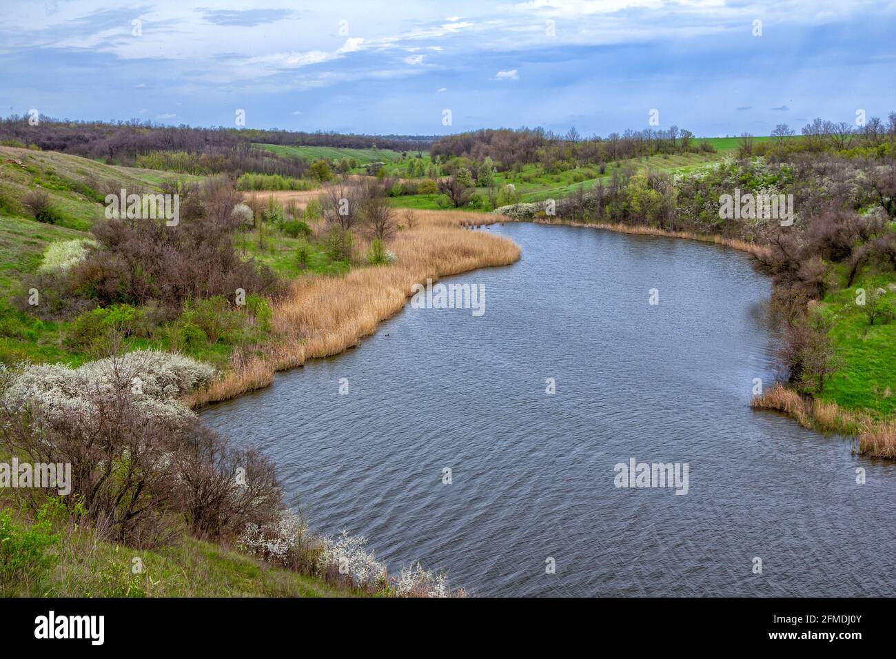 Beautiful spring landscape with river, coast with dry reeds and hills ...