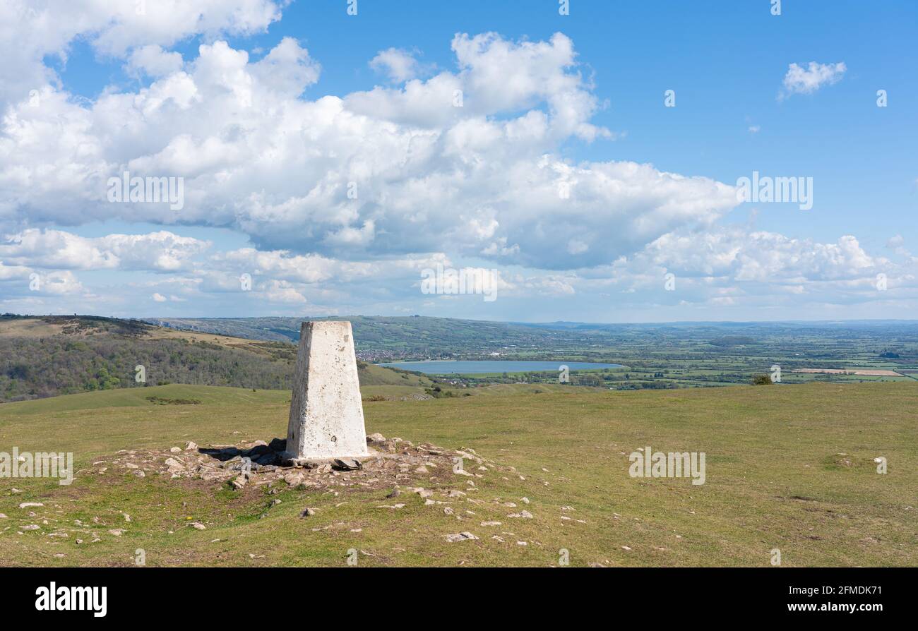 Trig point on Wavering Down in the Mendip HIlls of Somerset UK looking ...