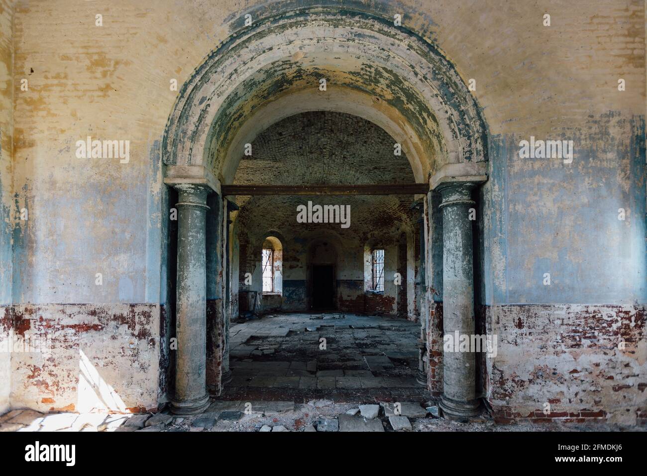 Large hall at old ancient abandoned ruined historical building Stock ...