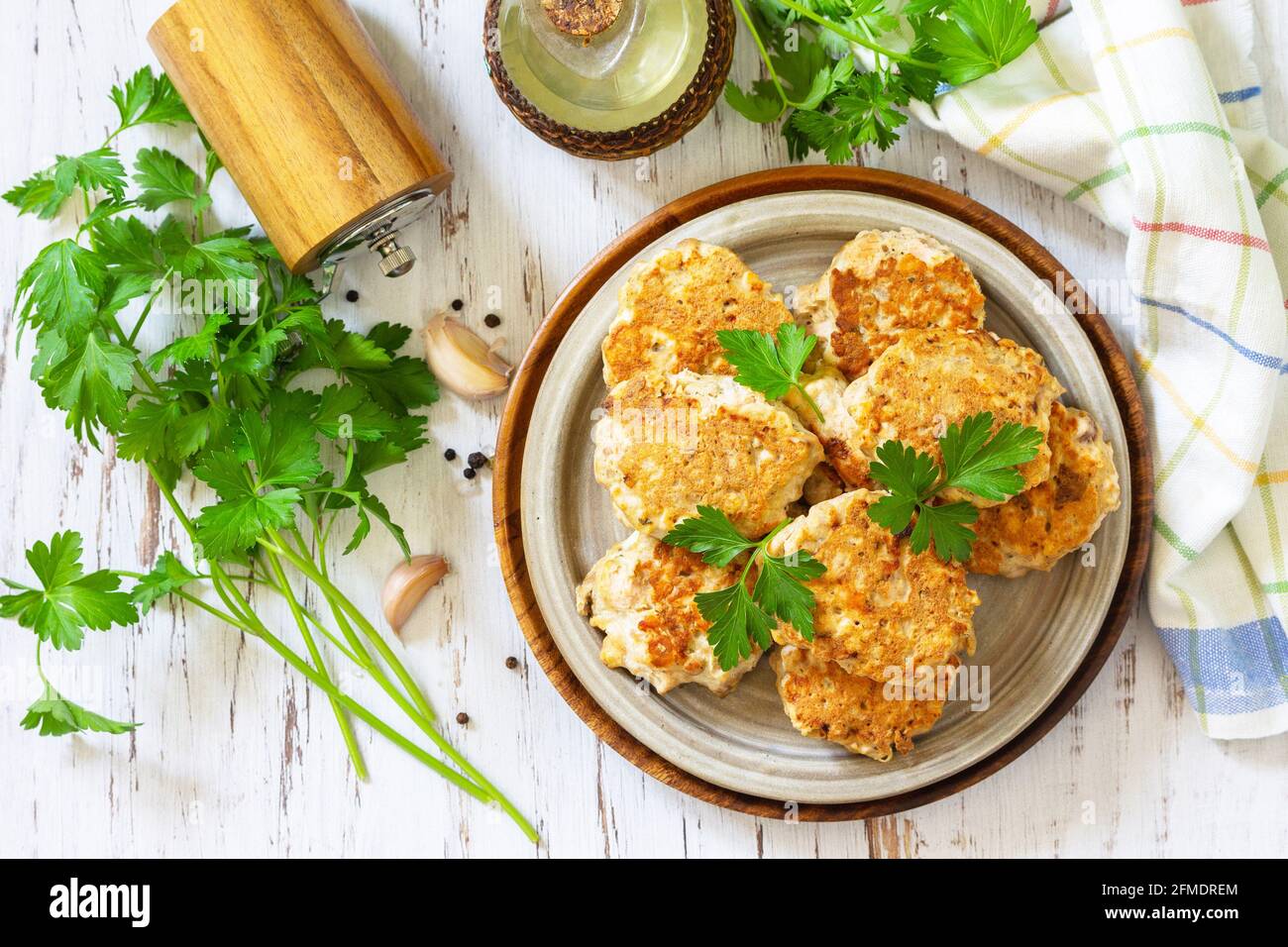 Healthy vegan food. Tasty homemade Red fish cutlets on a wooden rustic ...