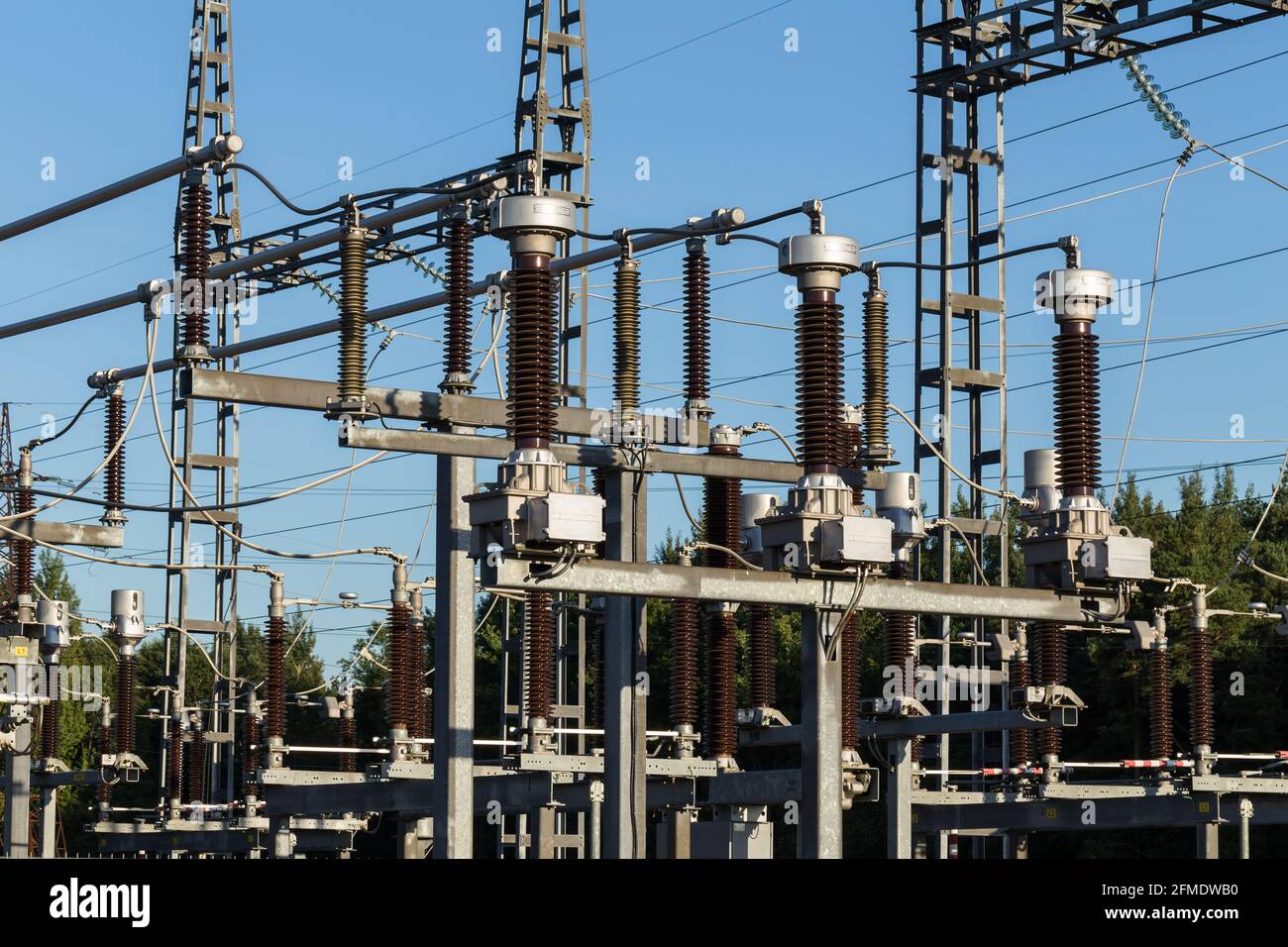 Electric substation tower for generating energy with sky background ...