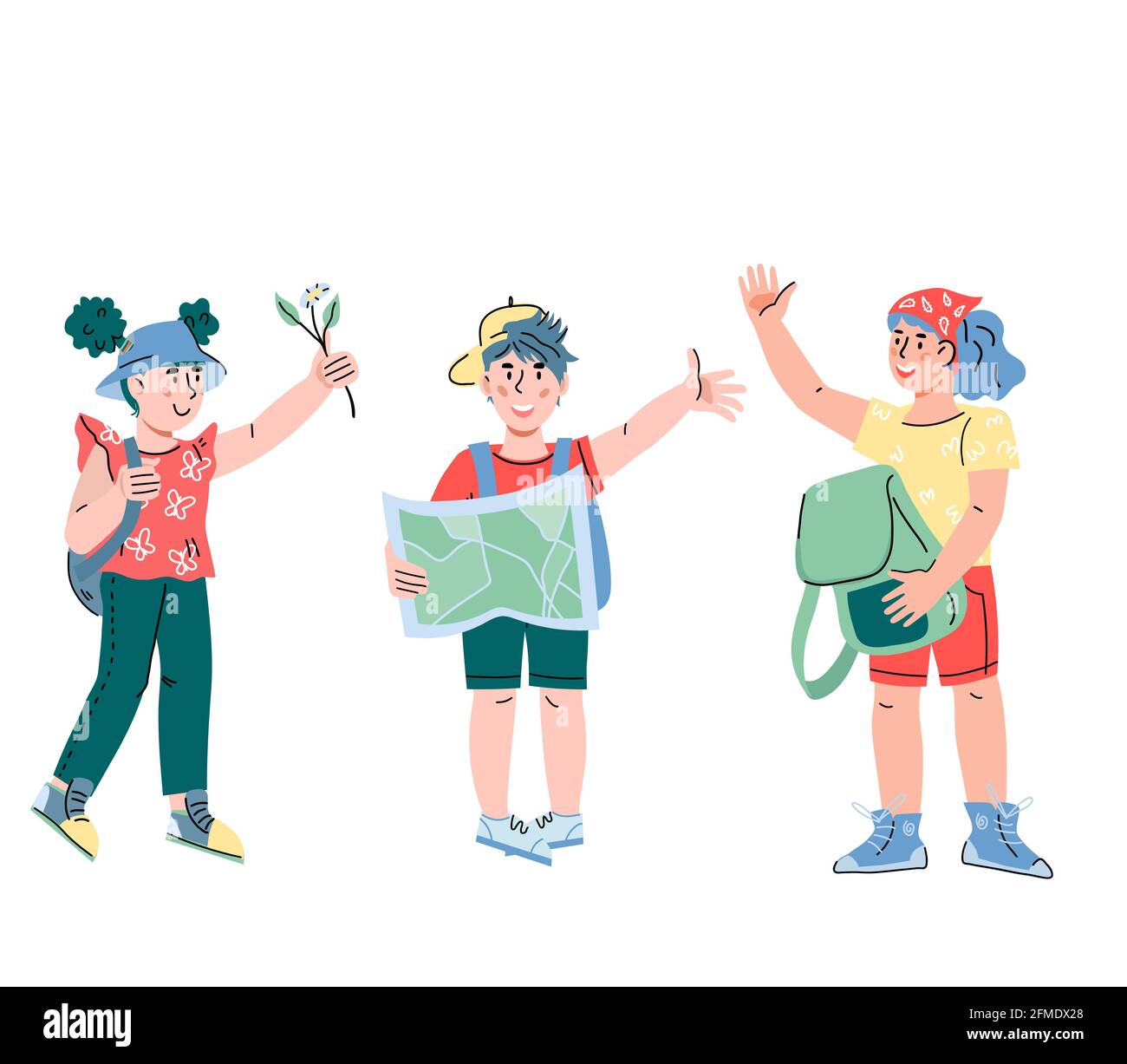 Kids going to travel and explore nature. Little tourists and explorers ...