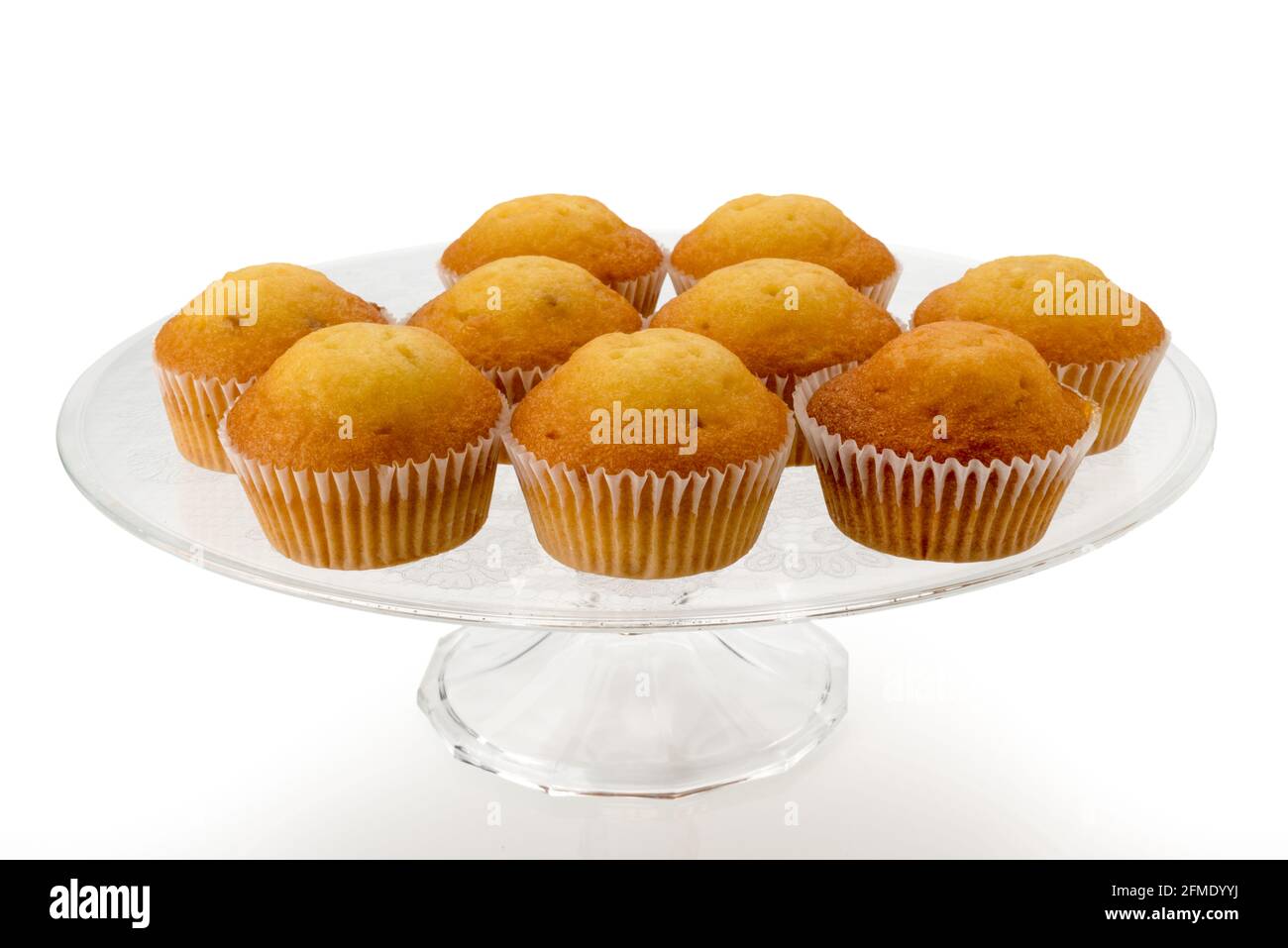 Muffins on clear glass raised plate, isolated on white background Stock ...