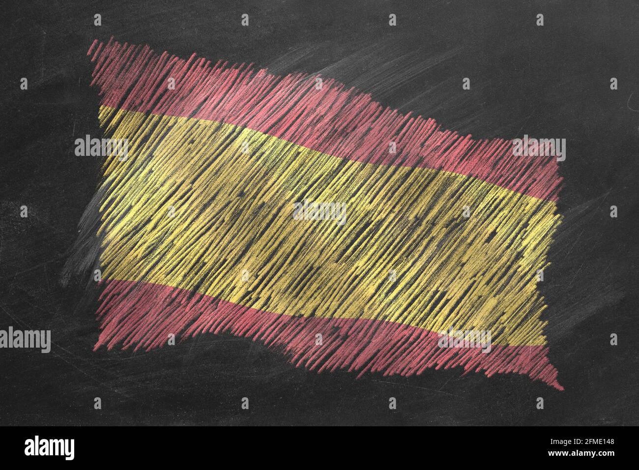 National flag of Spain hand drawn with chalk on blackboard. Flag waving ...