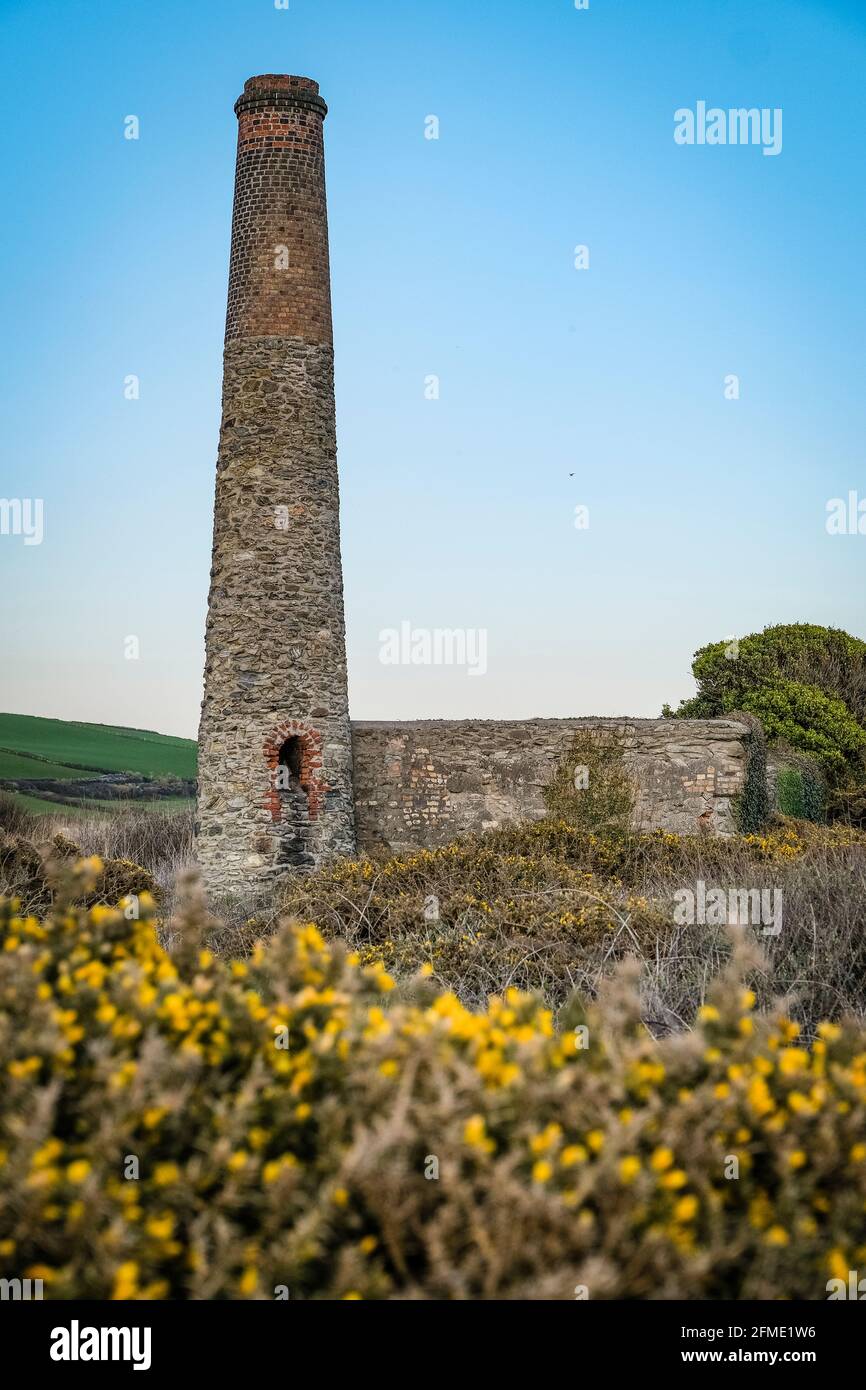 Surviving Chimney from Gwithian Tin Works, Godrevy, Cornwall, England ...