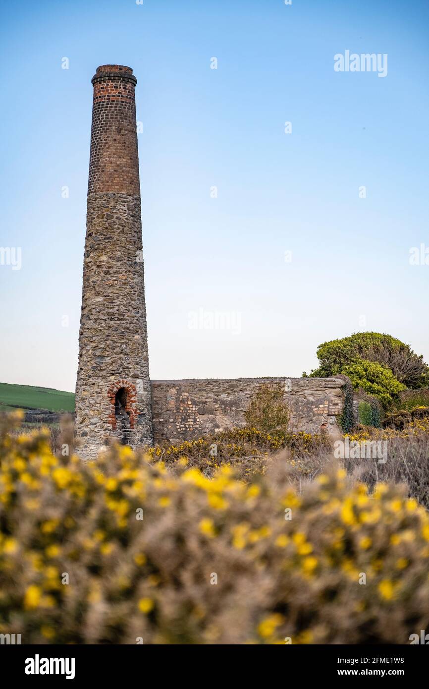 Surviving Chimney from Gwithian Tin Works, Godrevy, Cornwall, England ...