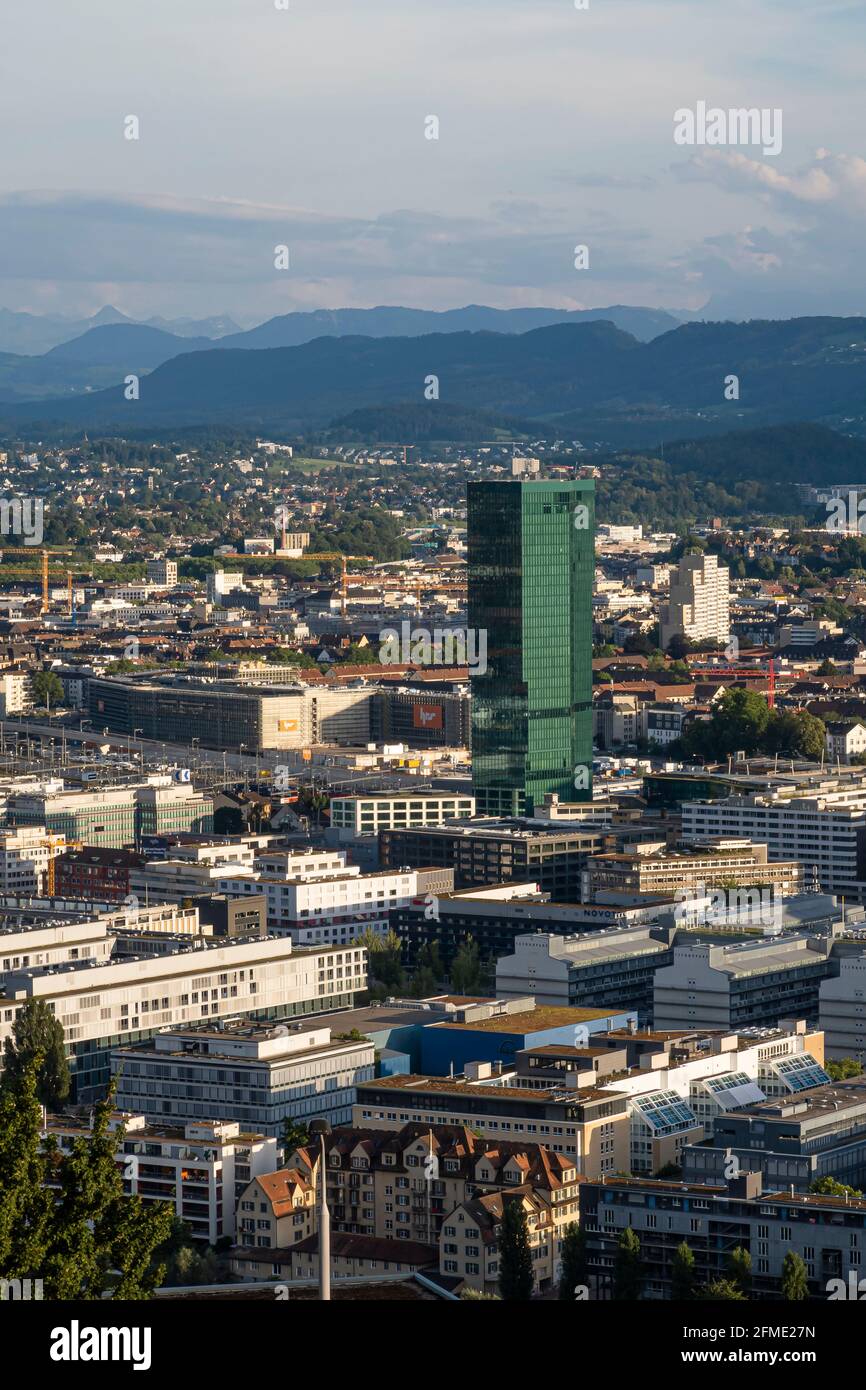 Zurich, Switzerland - July 26, 2020: Looking at the city, the green ...