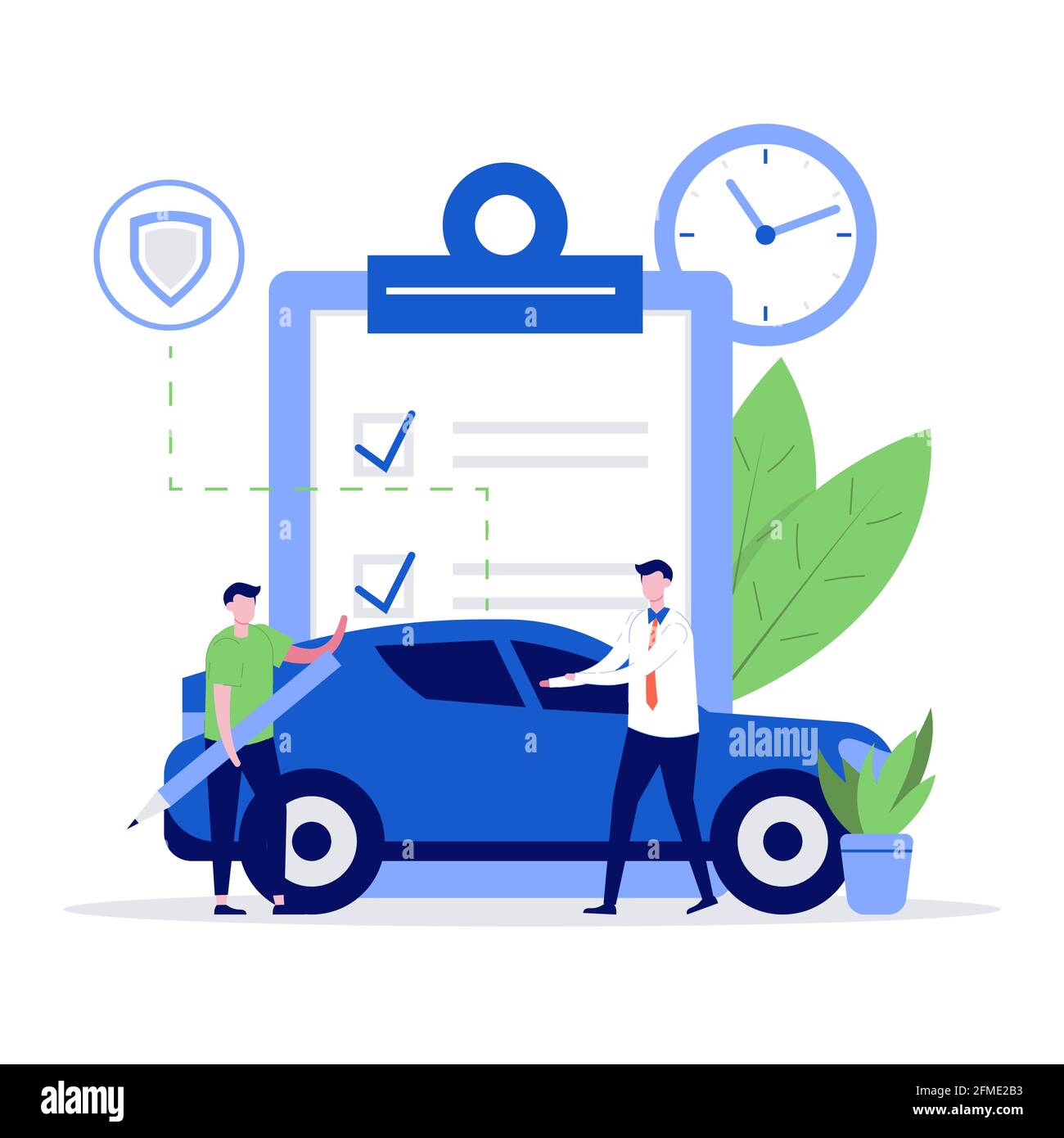 Car insurance concept with car, contract paper and people characters ...