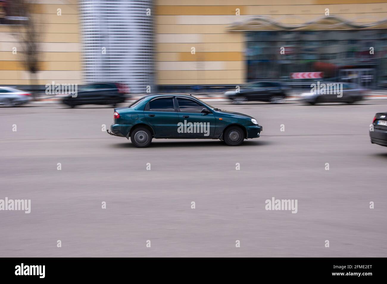 Ukraine, Kyiv - 26 April 2021: Green ZAZ Sens car moving on the street ...