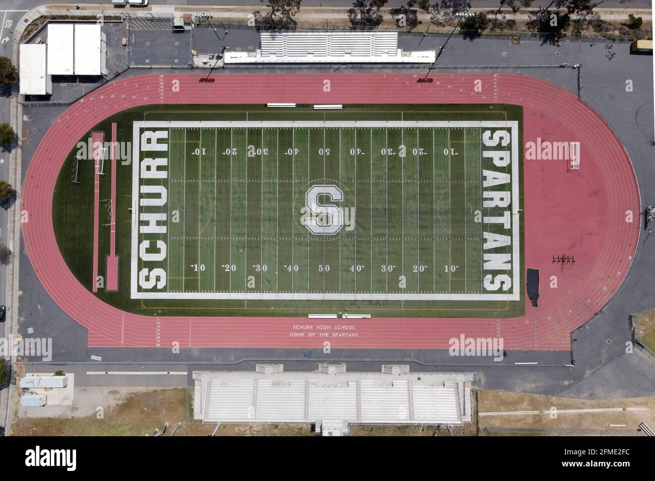 An aerial view of the track and Ken Davis Field at Schurr High School ...
