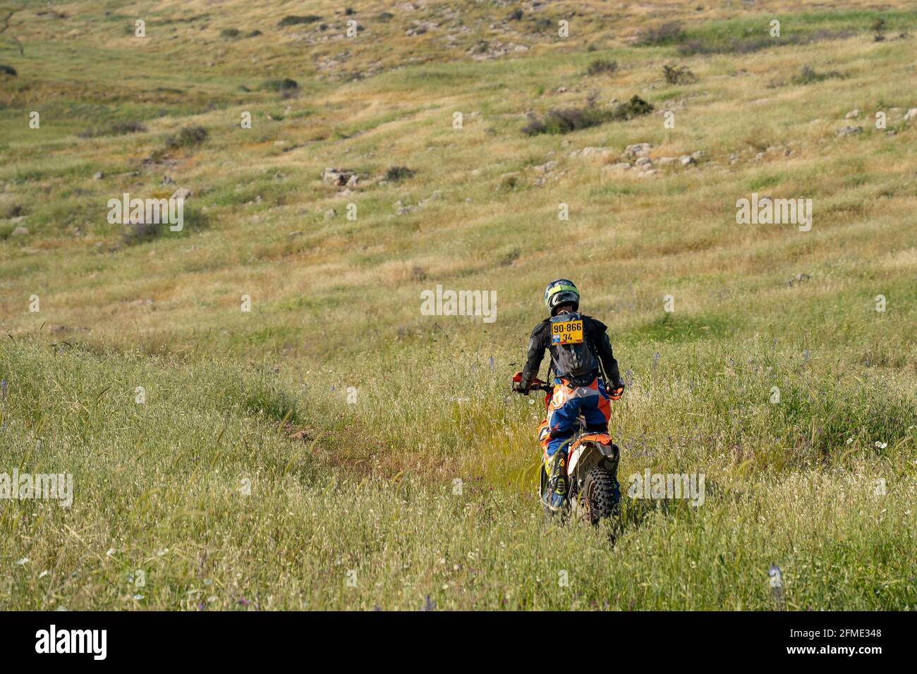 Rosh HaAyin, Israel - March 29th, 2021: An off road motorcycle rider in ...