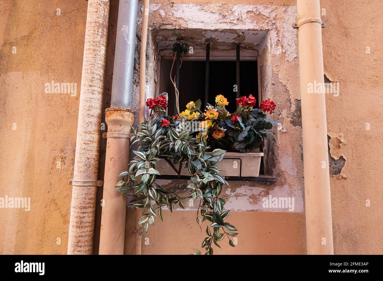 Menton, France - July 2, 2020: Flowers on a small neglected window with ...