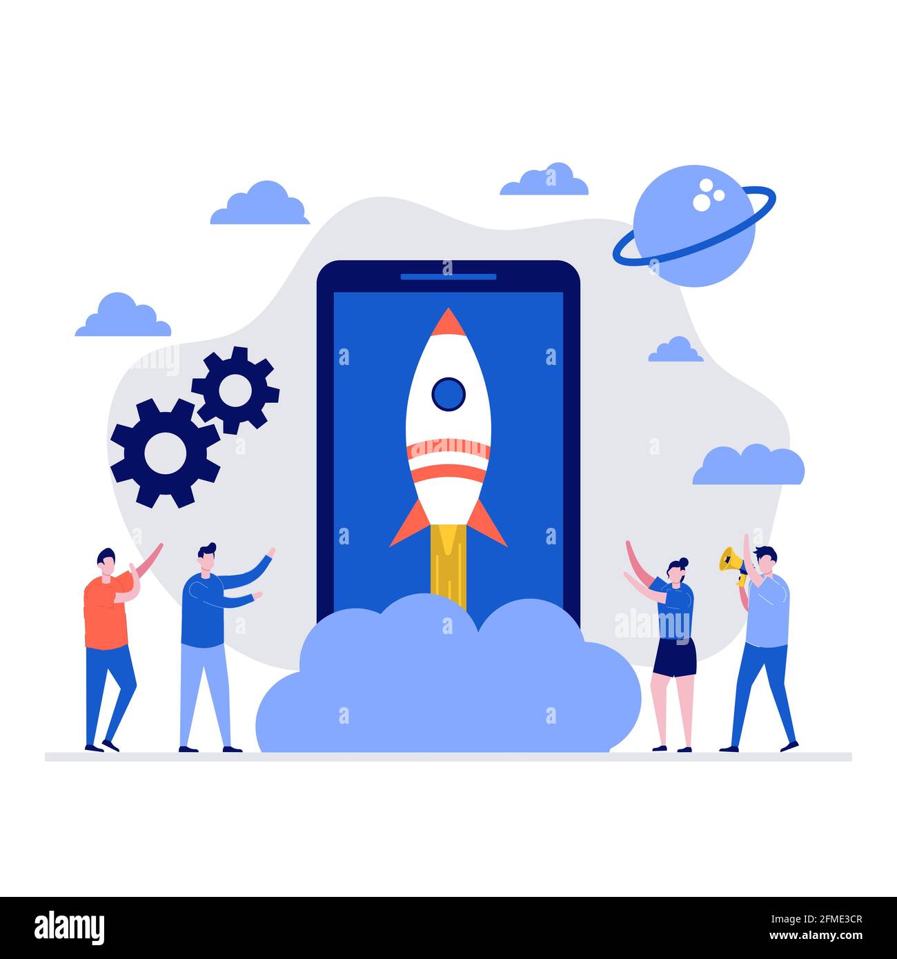 Startup vector illustration concept with characters and rocket launch ...