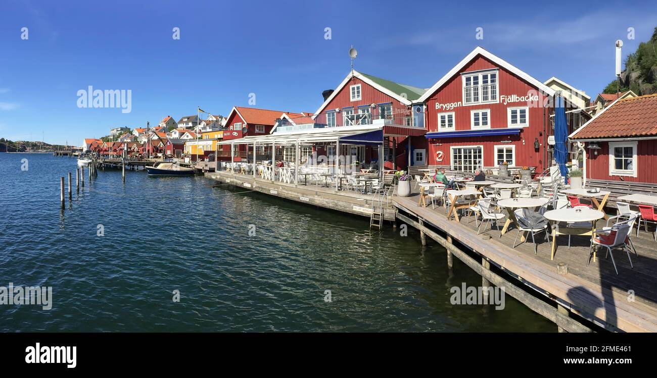 Fjallbacka, Sweden - June 1, 2017: Swedish fishing village Fjällbacka on the West coast in ...